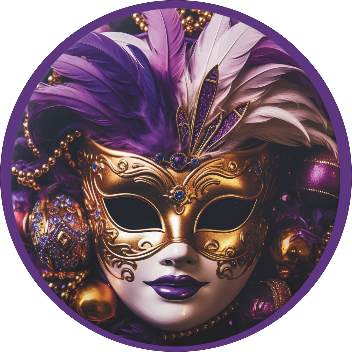 Mardi Gras Mask Purple and Gold Round – RCL Signs and More