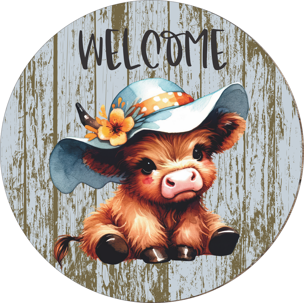 Welcome Baby Cow in blue hat Round – RCL Signs and More