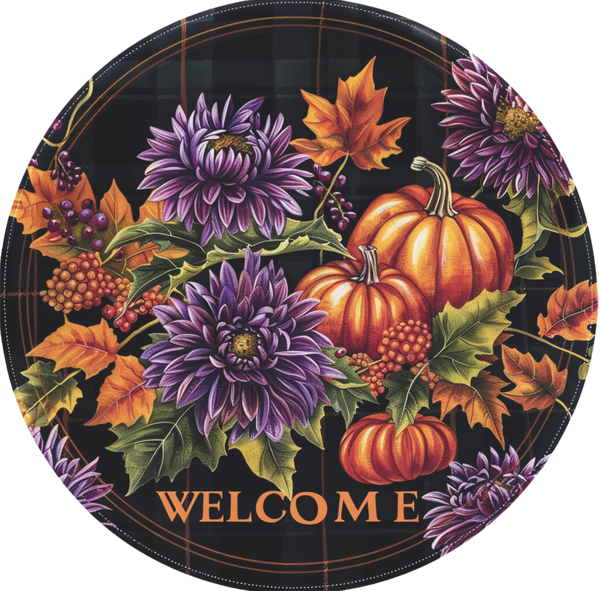 Welcome black plaid with pumpkins Sign Round – RCL Signs and More
