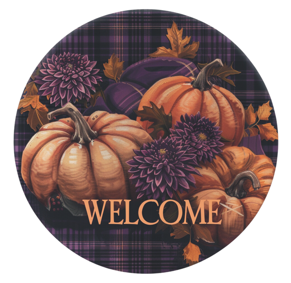 Welcome Fall plaid plum florals and pumpkins Sign Round – RCL Signs and ...