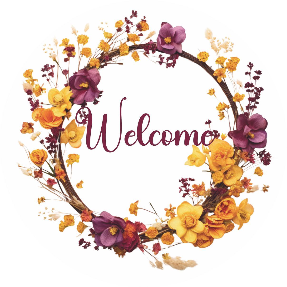 Yellow, Plum and orange floral Welcome wreath round Sign – RCL Signs ...