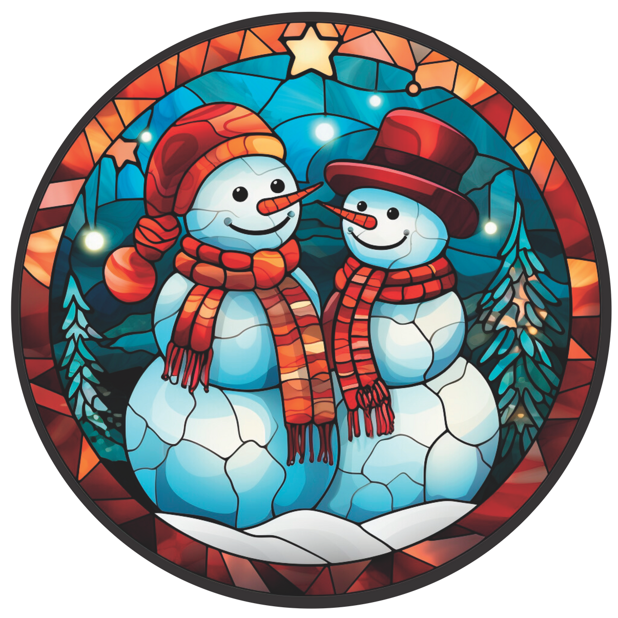 Snowman Couple in Stained Glass Round Sign – RCL Signs and More