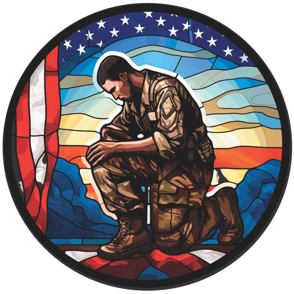 Soldier Kneeling in Front of a Flag Stained Glass Wreath Sign Round ...