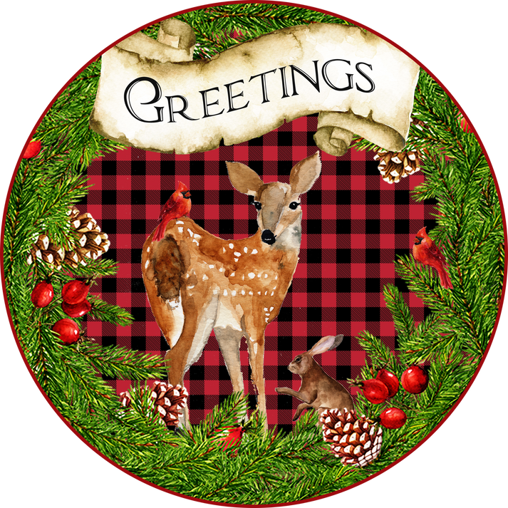 Red and Black Greetings with deer wreath Sign Round – RCL Signs and More